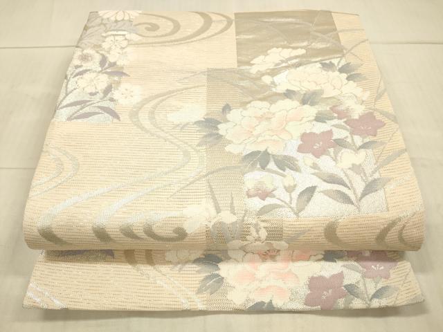 平和屋着物＊夏物　六通柄袋帯　流水草花文　銀糸　正絹　逸品　DAAX8979cm