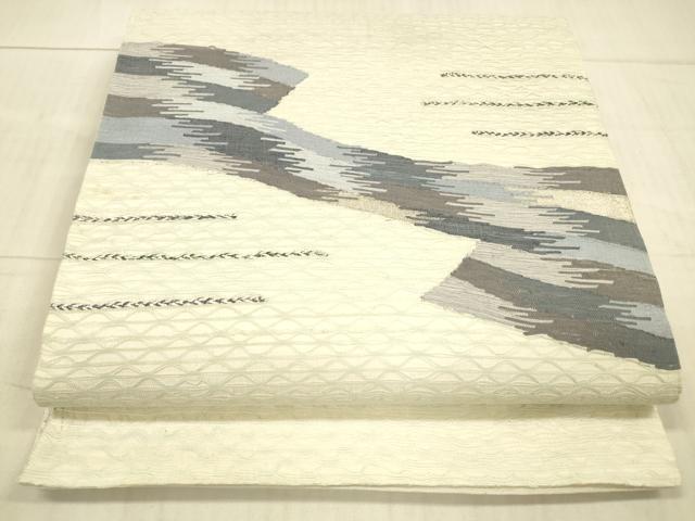 平和屋着物＊夏物　太鼓柄袋帯　櫛織　抽象文様　銀糸　正絹　逸品　DAAX8984cm