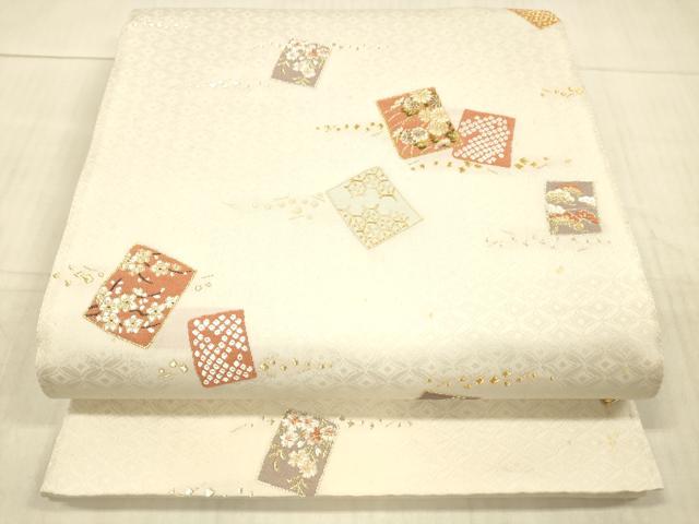 平和屋着物＊夏物　六通柄袋帯　色紙草花文　金糸　正絹　逸品　DAAX8992cm