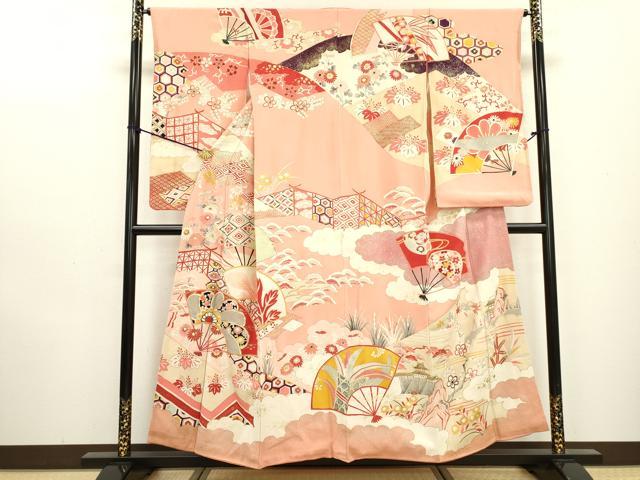 平和屋着物●アンティーク　大正ロマン　訪問着　駒刺繍　扇面花文　金彩　正絹　逸品　DAAX9550fe