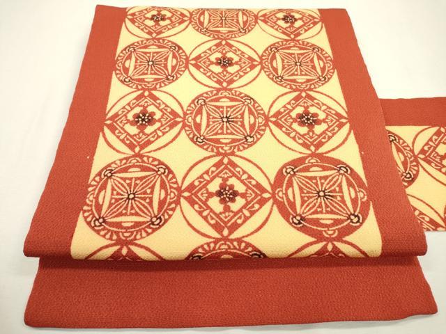 平和屋着物●九寸名古屋帯　草木手染　型染　花丸菱文　鬼しぼ縮緬　正絹　逸品　未使用　DAAX9830fe