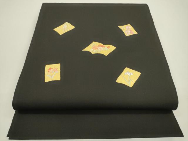 平和屋着物●塩瀬　九寸開き名古屋帯　刺繍　冊子草花文　黒地　金彩　正絹　逸品　DAAX9845fe