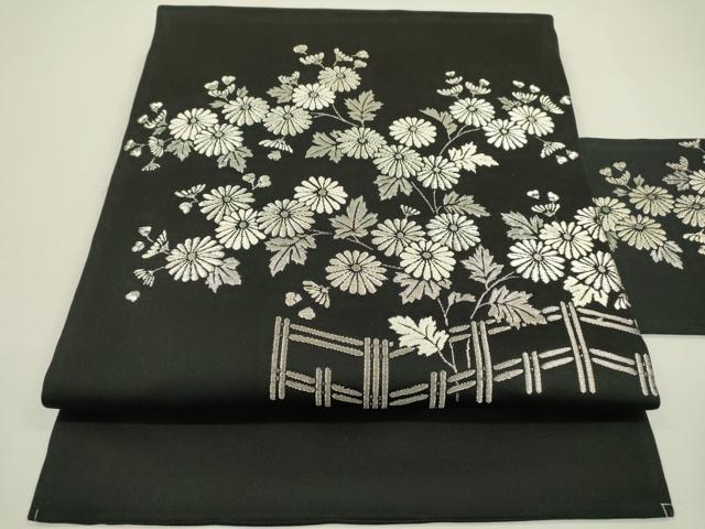 平和屋着物●九寸名古屋帯　唐織　菊　黒地　銀糸　正絹　逸品　DAAX9852fe