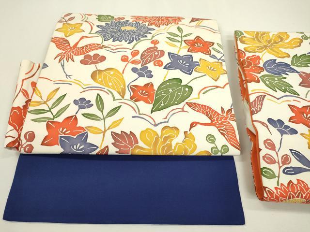 平和屋着物●塩瀬　つけ帯　型染　飛鶴花文　正絹　逸品　DAAX9860fe