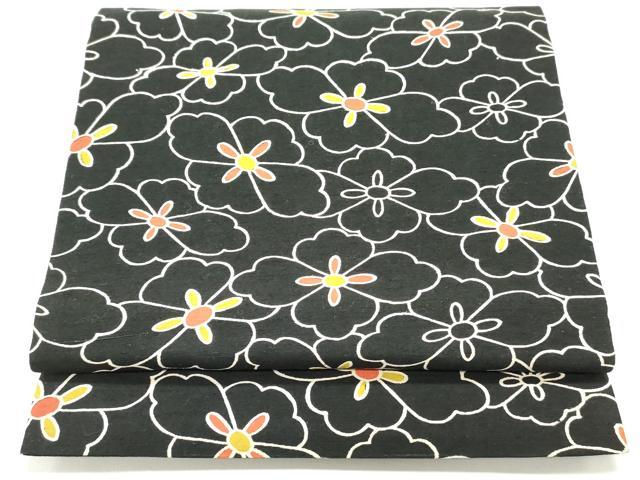 平和屋着物●全通柄京袋帯　紬地　型染め　花菱文　黒地　正絹　逸品　DAAY0040ob