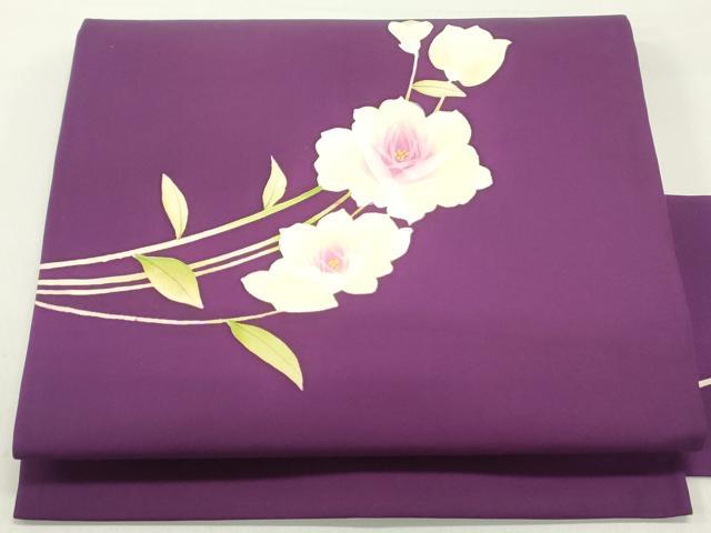 平和屋着物●塩瀬　九寸名古屋帯　手描き　草花文　葡萄色　正絹　逸品　DAAY0041ob