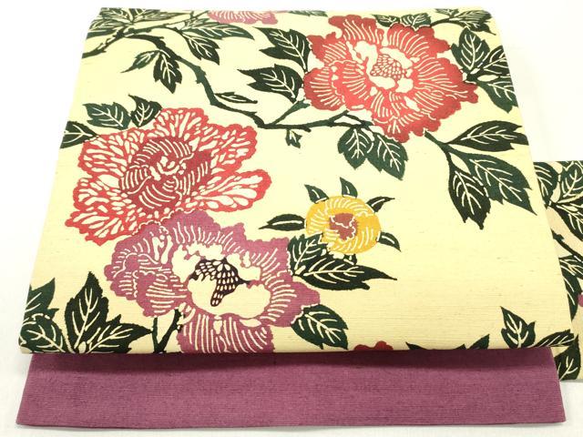 平和屋着物●九寸名古屋帯　紬地　型染め　草花文　正絹　逸品　DAAY0042ob