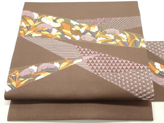 平和屋着物●塩瀬　九寸名古屋帯　唐織　切嵌鴛鴦吉祥花文　焦茶色　金糸　正絹　逸品　DAAY0069ob