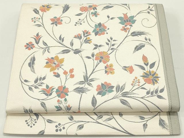 平和屋着物●本場筑前博多織　八寸名古屋帯　唐織　南天更紗花唐草文　象牙色　正絹　逸品　未使用　DAAY0072ob