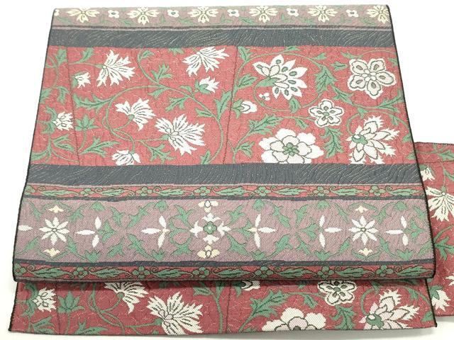 平和屋着物●八寸名古屋帯　ふくれ織　更紗花唐草横段文　金糸　正絹　逸品　DAAY0073ob