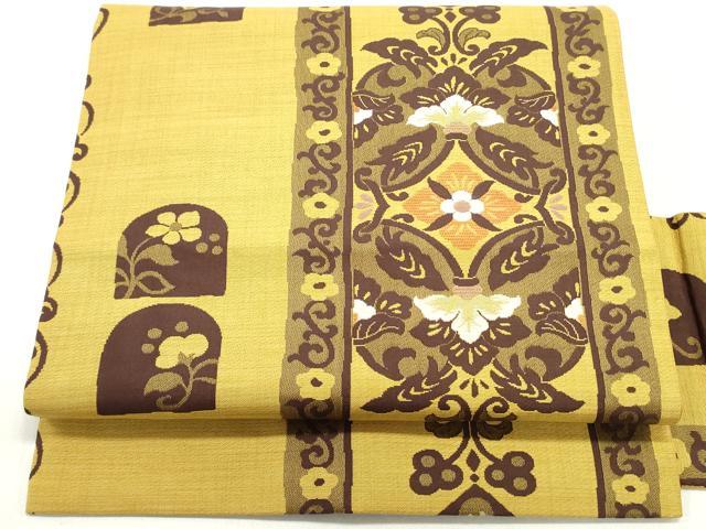 平和屋着物●九寸名古屋帯　更紗花唐草間道　山吹茶色　正絹　逸品　DAAY0081ob