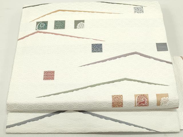 平和屋着物●九寸名古屋帯　青海波吉祥色紙花文　生成り色　正絹　逸品　DAAY0084ob