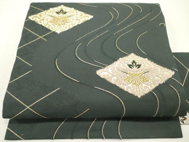 平和屋着物●九寸名古屋帯　唐織　流水花唐草菱文　黒地　金糸　正絹　逸品　DAAY0087ob