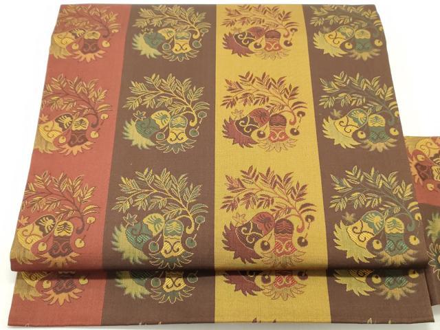 平和屋着物●全通柄九寸名古屋帯　更紗草花間道　正絹　逸品　DAAY0089ob