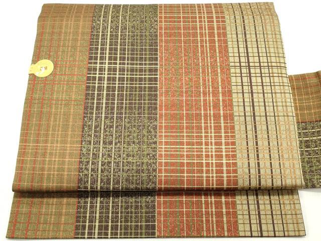 平和屋着物●西陣　小池織物謹製　全通柄九寸名古屋帯　格子間道　証紙付き　正絹　逸品　未使用　DAAY0090ob