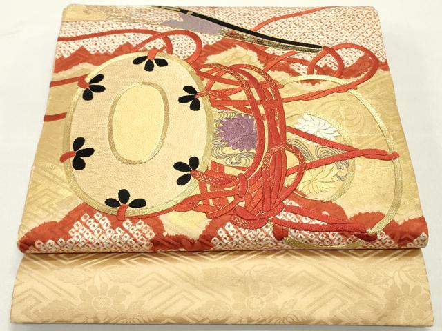 平和屋着物●アンティーク　大正ロマン　丸帯　絞り　駒刺繍　檜扇花鼓文　金糸　正絹　逸品　DAAY0102ob