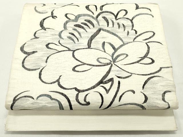 平和屋着物●太鼓柄袋帯　紬地　草花文　銀糸　正絹　逸品　DAAY0107ob