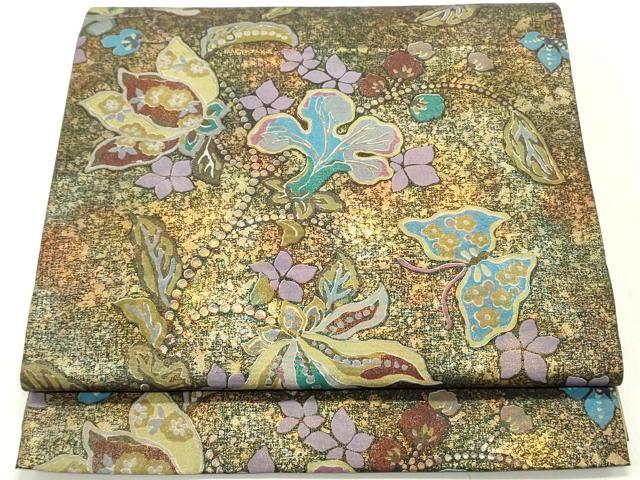 平和屋着物●伝統工芸品　伊那紬　手織り　全通柄袋帯　舞蝶更紗花唐草文　金銀彩　引箔　正絹　逸品　DAAY0114ob