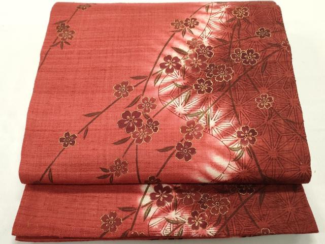 平和屋着物●全通柄袋帯　紬地　麻の葉枝桜文　金彩　正絹　逸品　DAAY0122ob