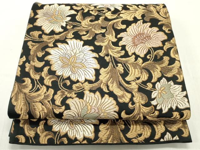 平和屋着物●青々庵　六通柄袋帯　唐織　更紗花唐草文　黒地　金糸　正絹　逸品　DAAY0123ob