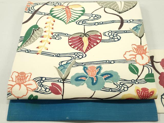 平和屋着物●九寸名古屋帯　紬地　紅型　流水蔦の葉花文　正絹　逸品　DAAY0136ob