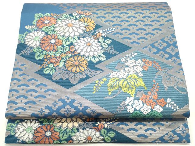 平和屋着物●西陣　川島織物　九寸開き名古屋帯　唐織　松皮菱青海波草花文　金糸　正絹　逸品　DAAY0155ob