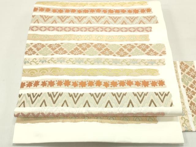 平和屋着物●西陣　川島織物　九寸名古屋帯　七宝花唐草横段文　象牙色　金糸　正絹　逸品　DAAY0156ob