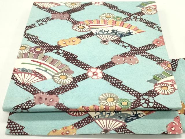 平和屋着物●九寸名古屋帯　型染め　松皮菱舞扇文　お召縮緬　正絹　逸品　DAAY0168ob