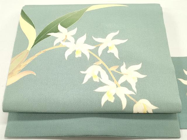 平和屋着物●九寸名古屋帯　友禅　作家者　草花文　水浅葱色　鬼しぼ縮緬　正絹　逸品　DAAY0191ob