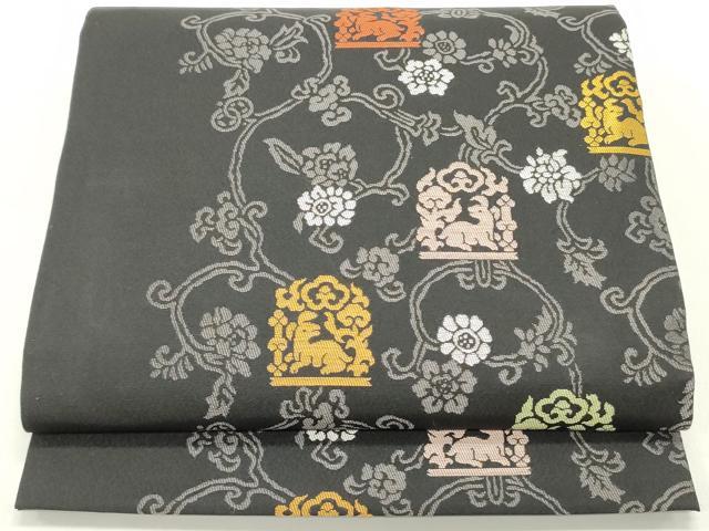 平和屋着物●九寸開き名古屋帯　名物裂　花兎　黒地　正絹　逸品　DAAY0194ob