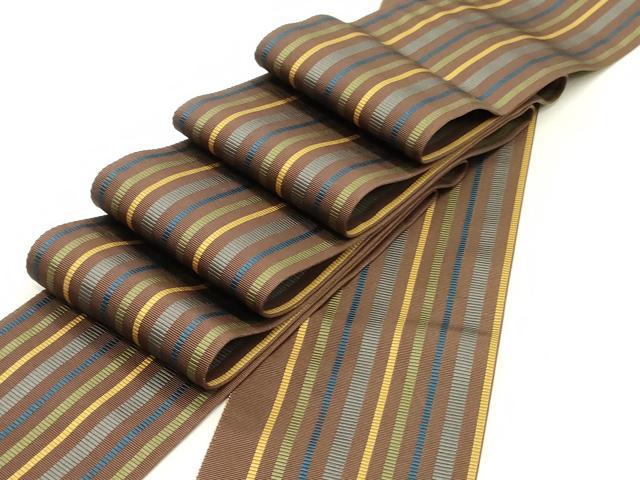 平和屋着物●男性　本場筑前博多織　角帯　間道　黒鳶色　正絹　逸品　未使用　DAAY0207ob