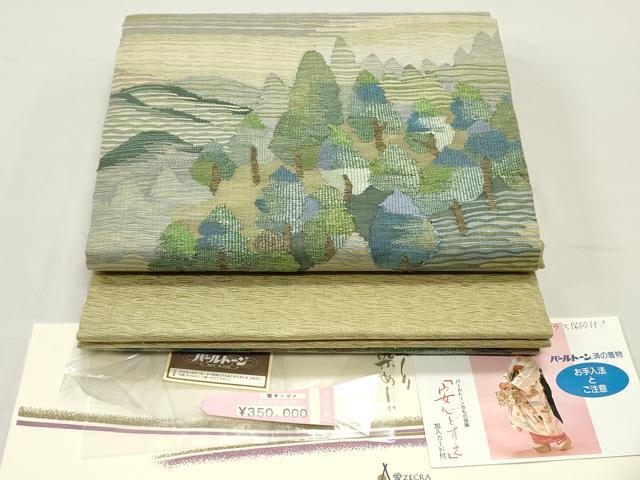 平和屋着物▽太鼓柄袋帯　スリーシーズン　春夏秋　すくい織　風景樹林文　上代35万　正絹　逸品　未使用　DAAY0221ob