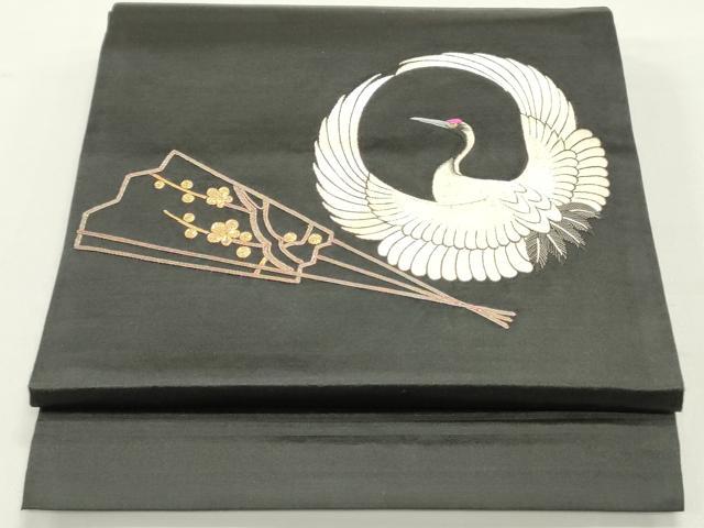 平和屋着物●アンティーク　大正ロマン　丸帯　駒刺繍　総刺繍　檜扇鶴文　黒地　正絹　逸品　DAAY0234ob