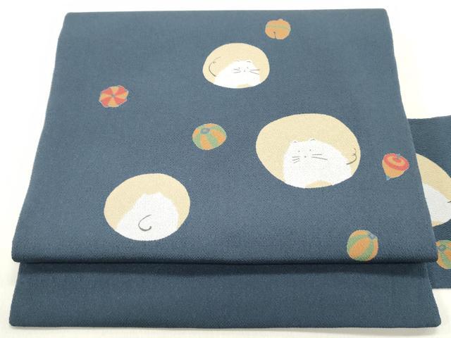 平和屋着物●九寸名古屋帯　玩具文　猫　ねこ　留紺色　鬼しぼ縮緬　正絹　逸品　DAAY0242ob