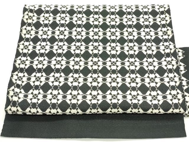 平和屋着物●八寸名古屋帯　紬地　菱繋ぎ　黒地　正絹　逸品　DAAY0262ob