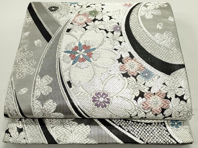 平和屋着物●六通柄袋帯　唐織　鬘帯舞桜文　黒地　金糸　正絹　逸品　DAAY0265ob