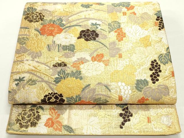 平和屋着物▽六通柄袋帯　スリーシーズン　春夏秋　唐織　葡萄蔦の葉花文　金糸　正絹　逸品　未使用　DAAY0272ob