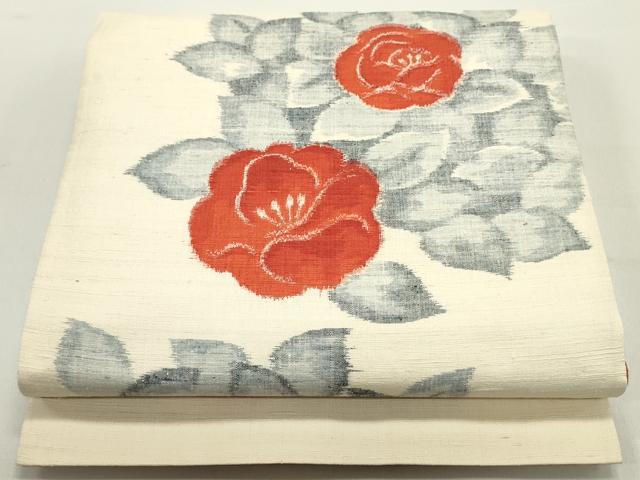 平和屋着物●六通柄袋帯　小千谷紬　椿　正絹　逸品　DAAY0283ob