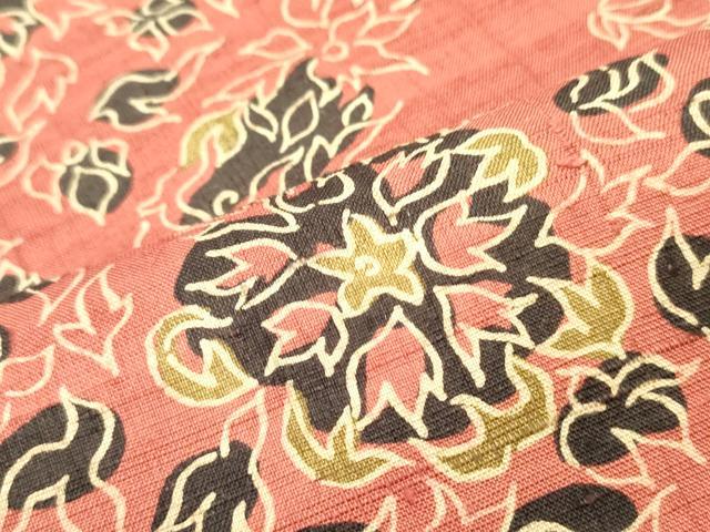 平和屋着物○全通柄袋帯 紬地 型染 花唐草菱間
