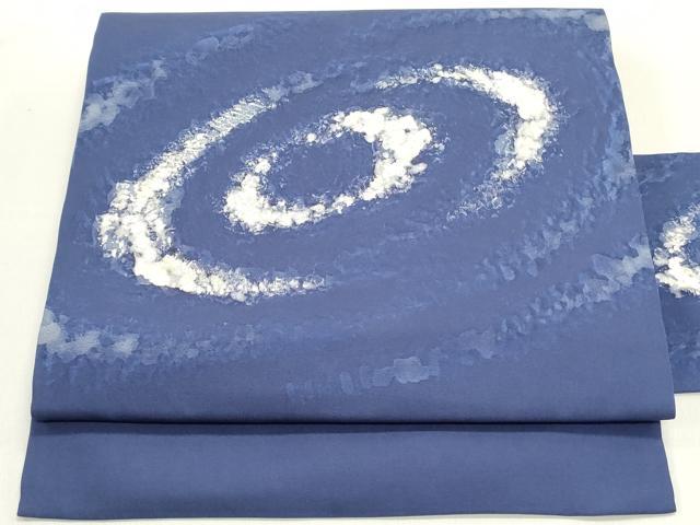 平和屋着物●塩瀬　九寸名古屋帯　渦　紺青色　銀彩　正絹　逸品　DAAY0289ob