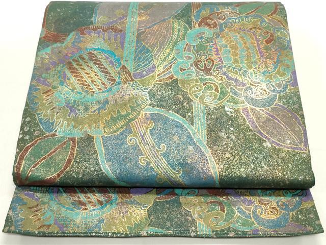 平和屋着物●全通柄袋帯　紬地　更紗花唐草文　金銀彩　引箔　正絹　逸品　DAAY0299ob