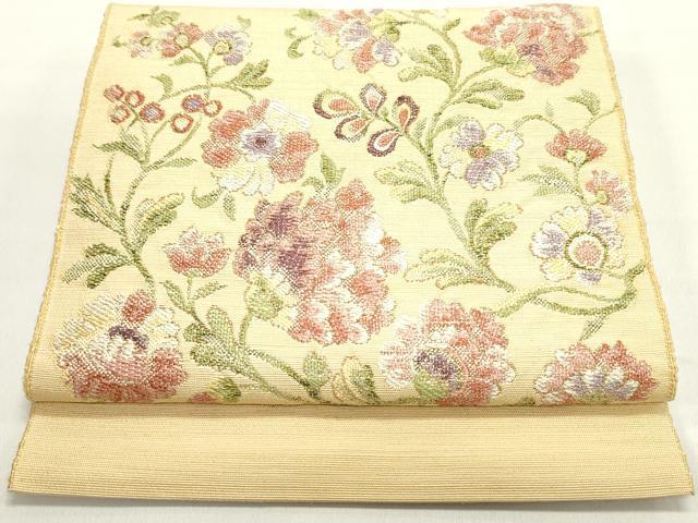 平和屋着物●八寸名古屋帯　紬地　更紗花唐草文　飴色　正絹　逸品　DAAY0305ob