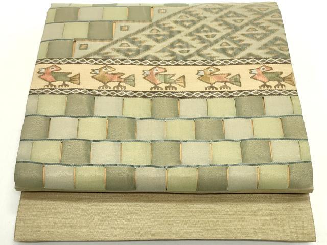 平和屋着物●太鼓柄袋帯　すくい織　壁画文様　金糸　正絹　逸品　未使用　DAAY0308ob