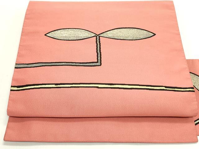 平和屋着物●爪掻き本綴れ　八寸名古屋帯　横段枝葉文　甚三紅色　金銀糸　正絹　逸品　DAAY0313ob