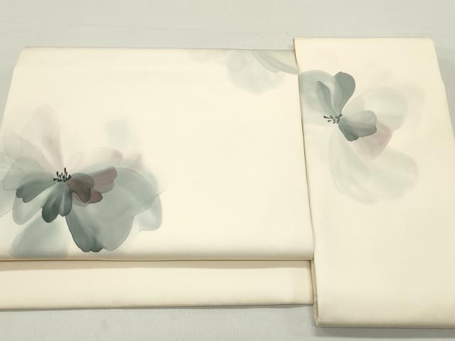 平和屋着物●染色の魔術師　染乃座・大久保玄才　そめのざ玄才　つけ帯　手描き　花文　象牙色　正絹　逸品　未使用　DAAY0318ob