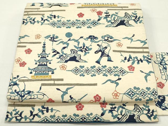 平和屋着物●九寸名古屋帯　紬地　型染め　花鳥人物文　正絹　逸品　DAAY0342ob