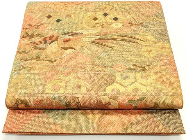 平和屋着物●ひなや工房　くむ・あむ・おる　伊豆蔵明彦　組織　太鼓柄袋帯　駒刺繍　吉祥花鳥松横段文　金糸　正絹　逸品　DAAY0359ob