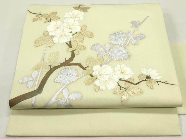 平和屋着物●塩瀬　九寸名古屋帯　手描き　枝桜文　金銀彩　正絹　逸品　DAAY0374ob