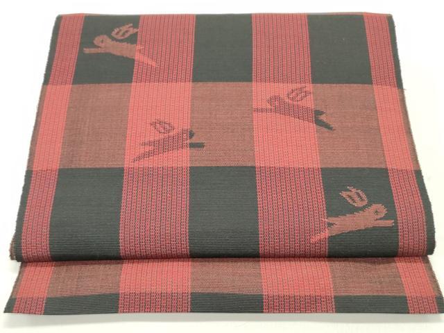 平和屋着物●八寸名古屋帯　紬地　跳び兎格子文　正絹　逸品　DAAY0384ob