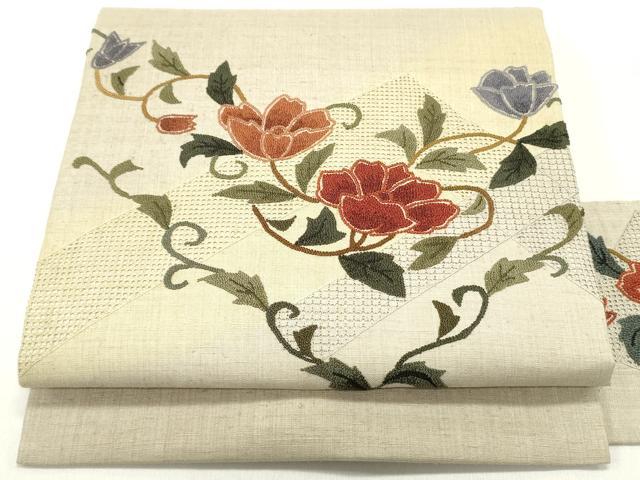 平和屋着物●中国三大刺繍　スワトウ刺繍　汕頭刺繍　相良刺繍　総刺繍　九寸名古屋帯　紬地　花唐草文　反端付き　正絹　逸品　DAAY0394ob